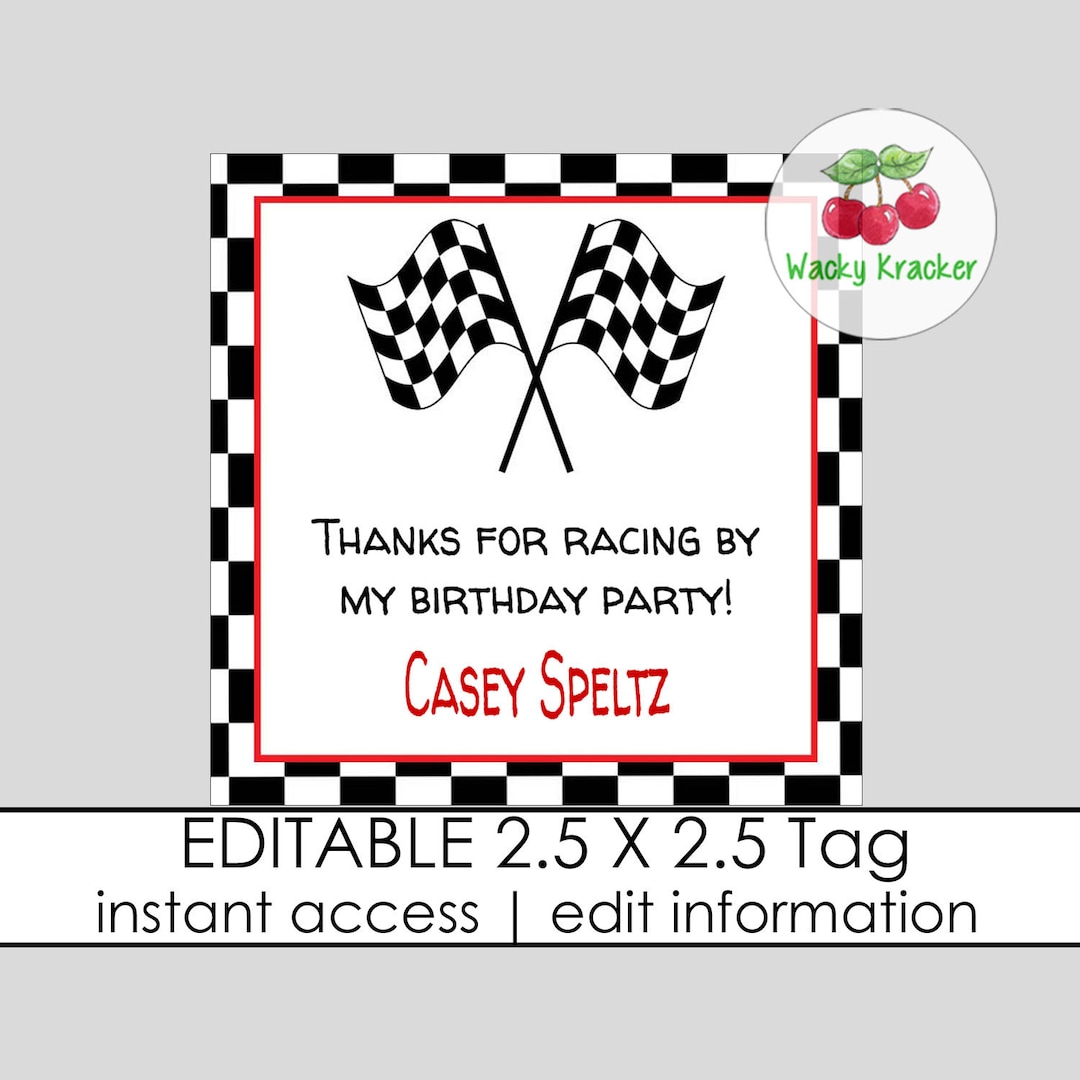 Race Car Birthday Gift Tags, Driving, Racing, Thank You for Coming ...