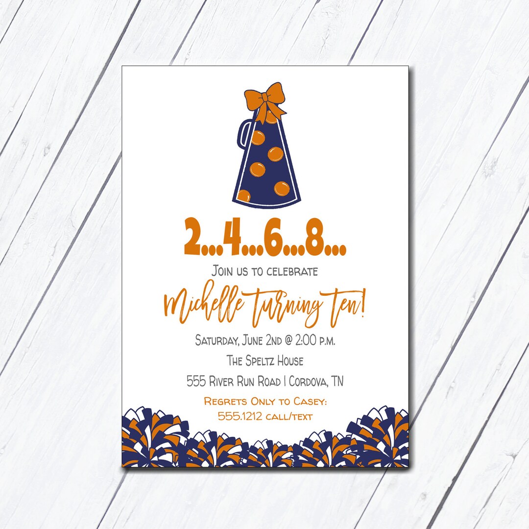 Cheer Invitation, Birthday Invitation, Blue and Orange, Cheerleader ...