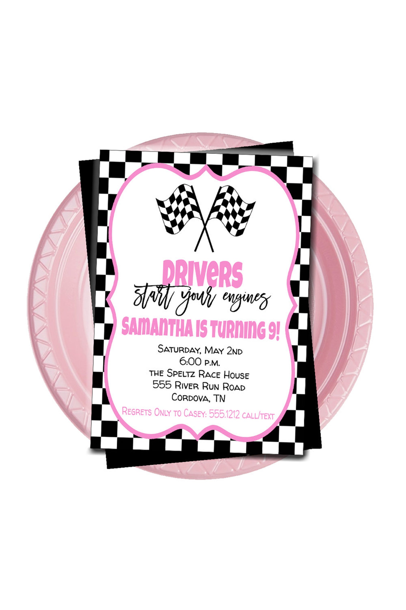 Pink Race Car Invitation, Racing Birthday Invitation, Race Car Birthday ...