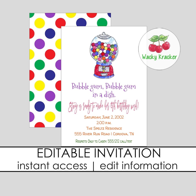 Bubble Gum Invitation, Birthday Invite, Candy Themed Party, INSTANT ...