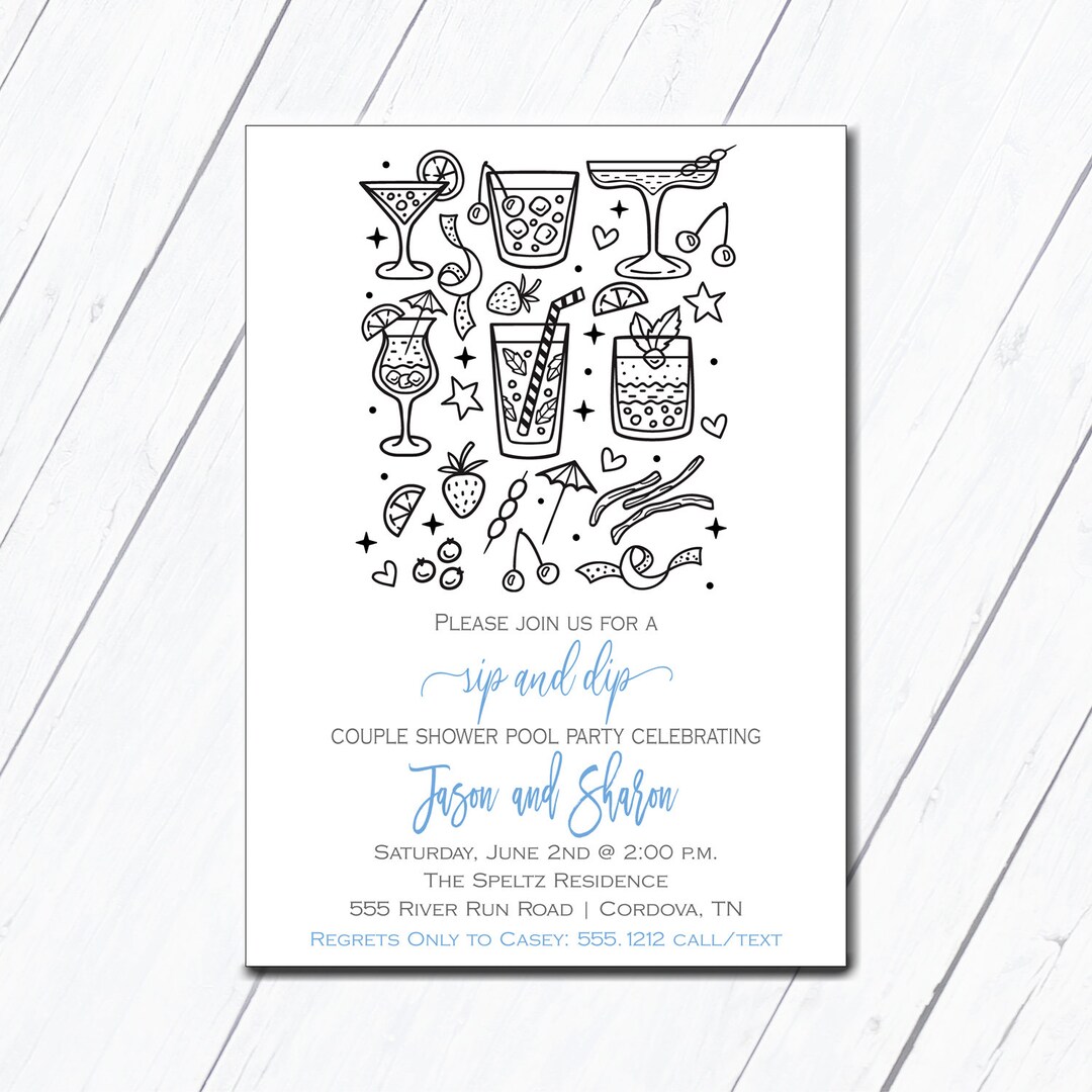Sip and Dip Couples Pool Party, Bridal Shower Invitation, Engagement ...