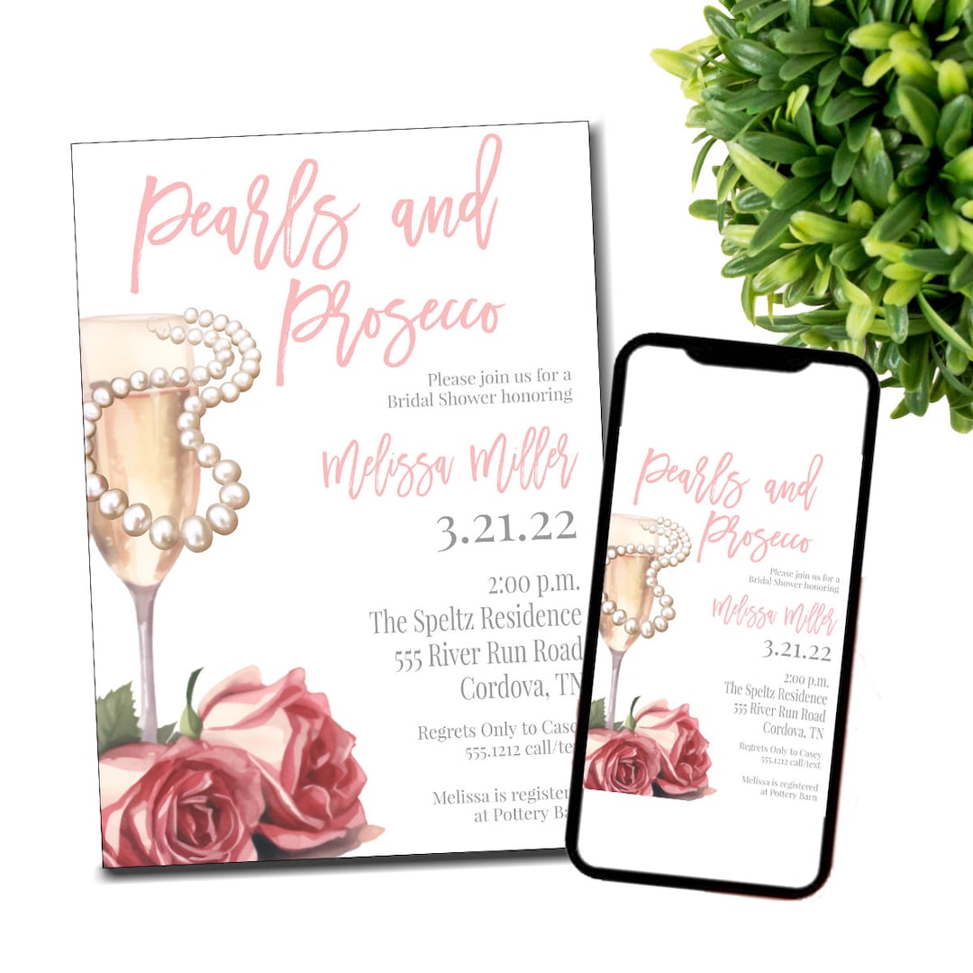Pearls & Prosecco Bridal Baby Wedding Shower Invitation, Printable ...
