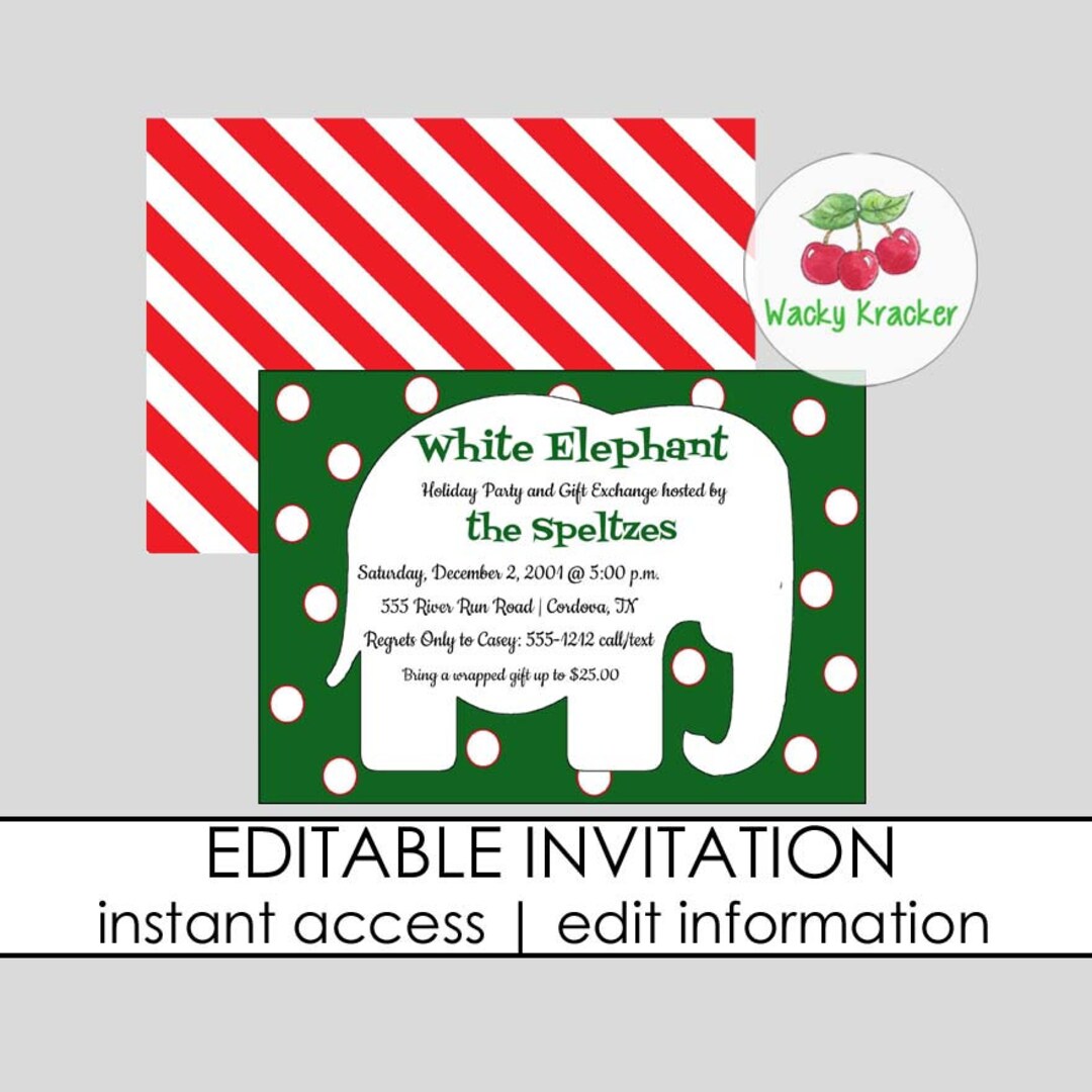 White Elephant Invitation, Gift Exchange Invite, Editable Template ...