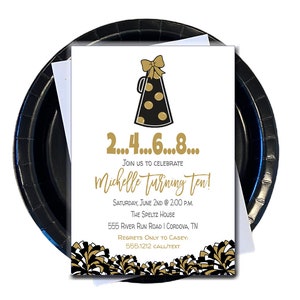 Cheer Invitation, Birthday Invitation, Black and Gold, Cheerleader ...