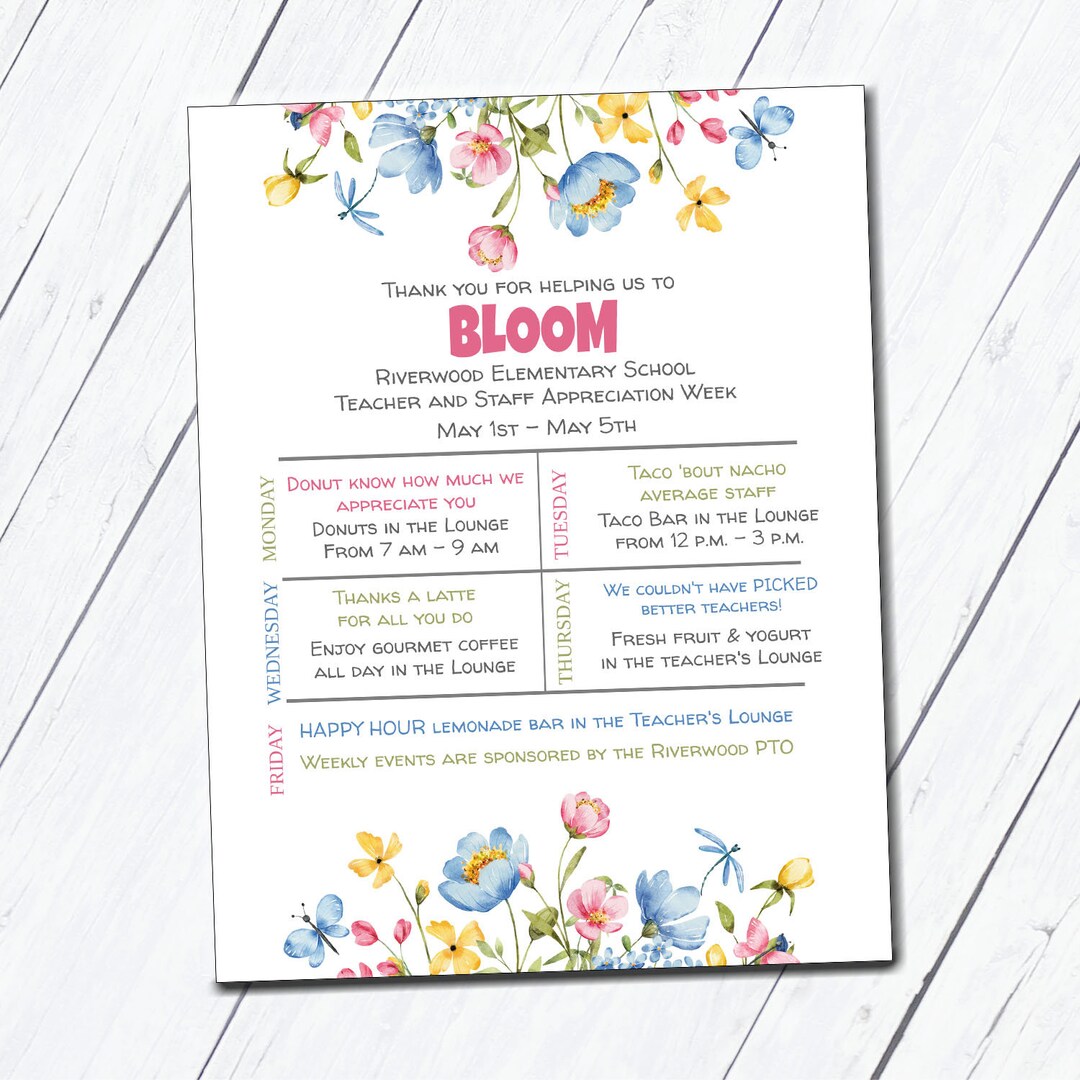 Teacher Appreciation Week Itinerary, Spring Garden Theme, Editable ...