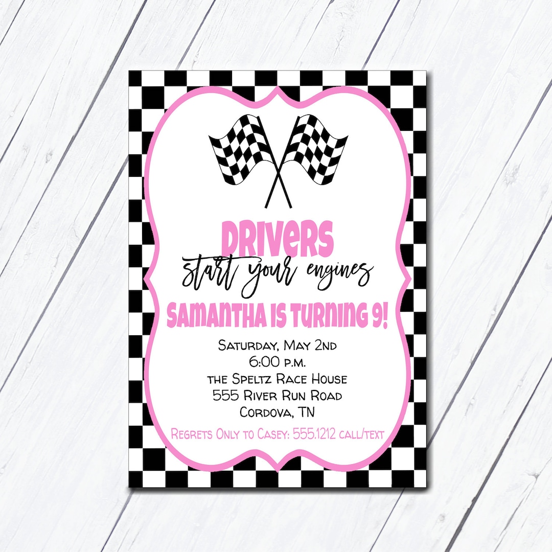 Pink Race Car Invitation, Racing Birthday Invitation, Race Car Birthday ...