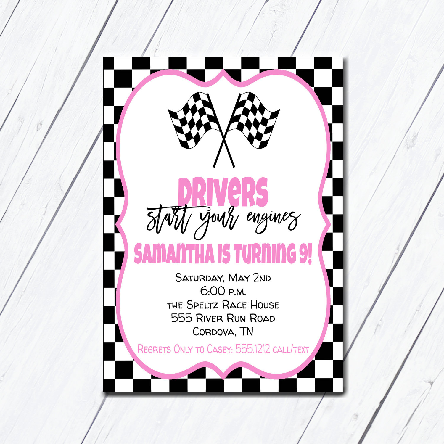 Pink Race Car Invitation, Racing Birthday Invitation, Race Car Birthday ...