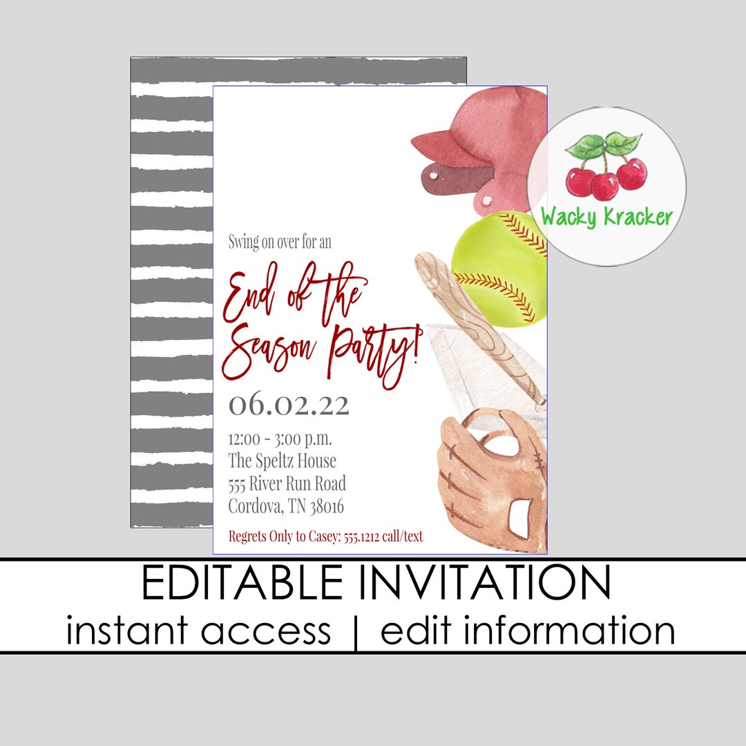 Softball Invitation, End of Season Party, Softball Team Pizza Party ...