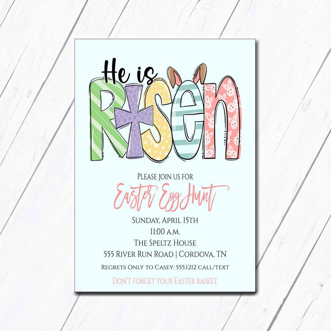 Religious Easter Invitation, Easter Egg Hunt Invitation, He is Risen ...