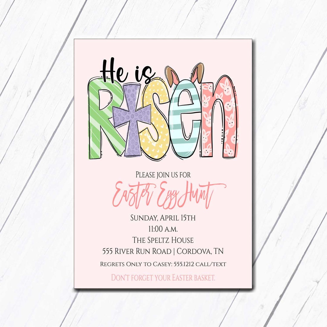 Religious Easter Invitation, Easter Egg Hunt Invitation, He is Risen ...