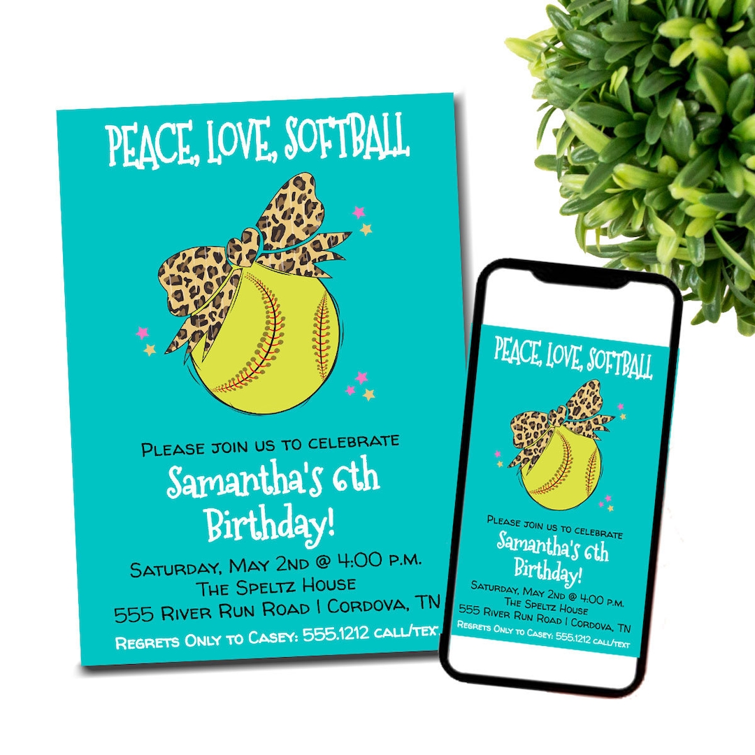 Softball Birthday Invitation, Softball Invitation, Peace Love Softball ...