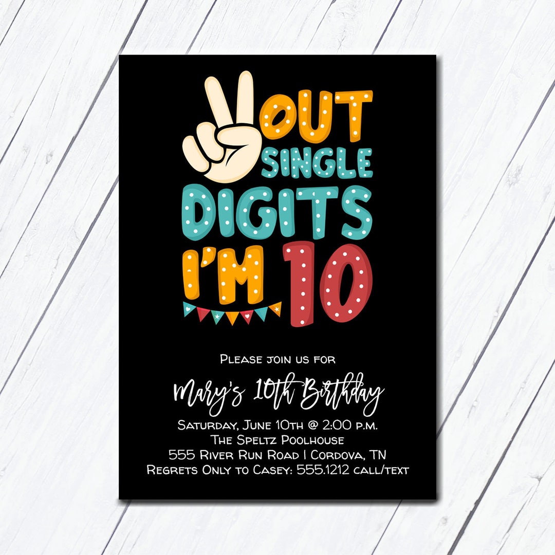 Peace Out Double Digits Invite, 10th Birthday Invitation, Tenth Girl ...