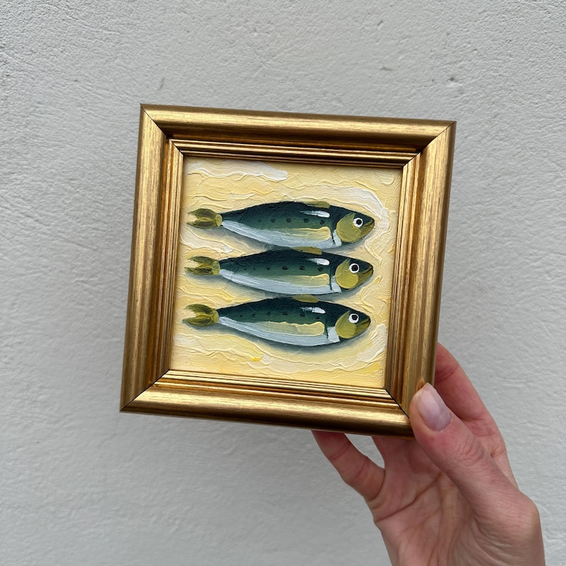 Mini Sardines Painting Original Oil Fish Art Small Kitchen Wall Decor ...