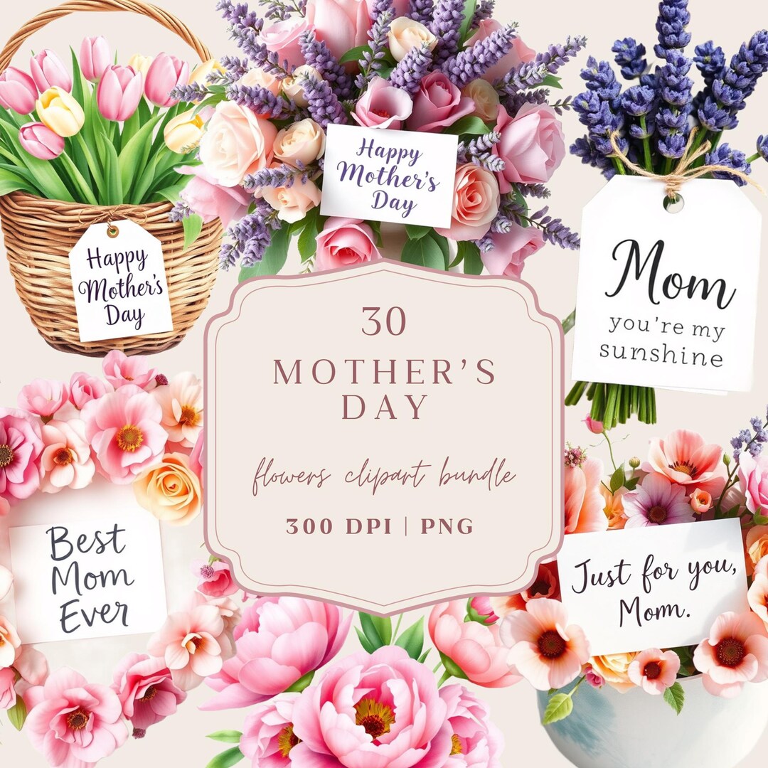 Happy Mother's Day Clipart Bundle, Watercolor Mothers Day Flower ...