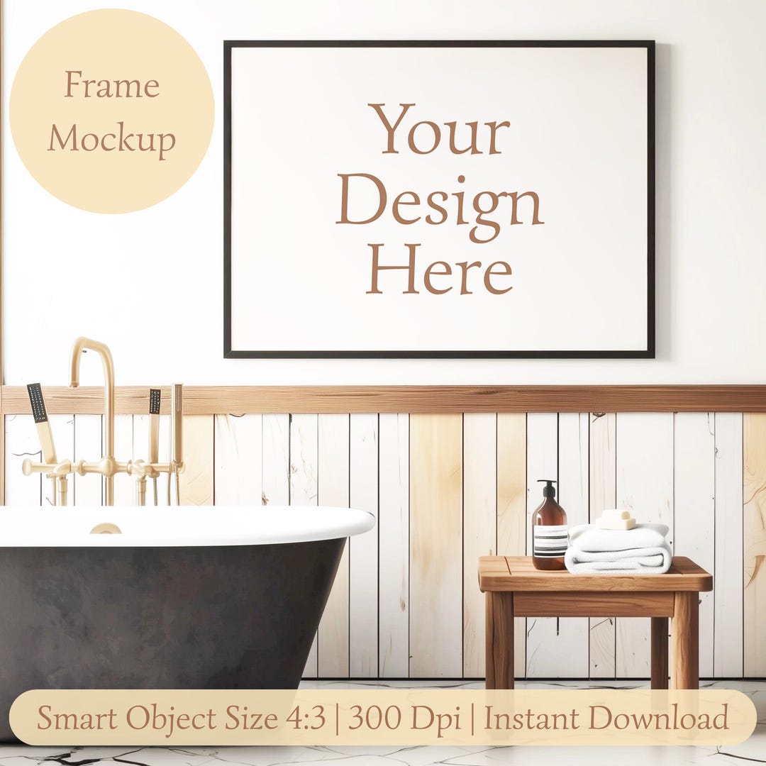 Customizable Elegant 4x3 Bathroom Wall Art Frame Mockup, Modern Tub ...