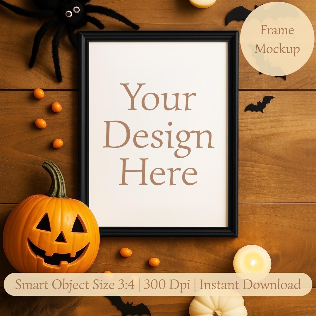 Customizable Halloween Art Frame Mockup With Pumpkins and Spiders, 3x4 ...