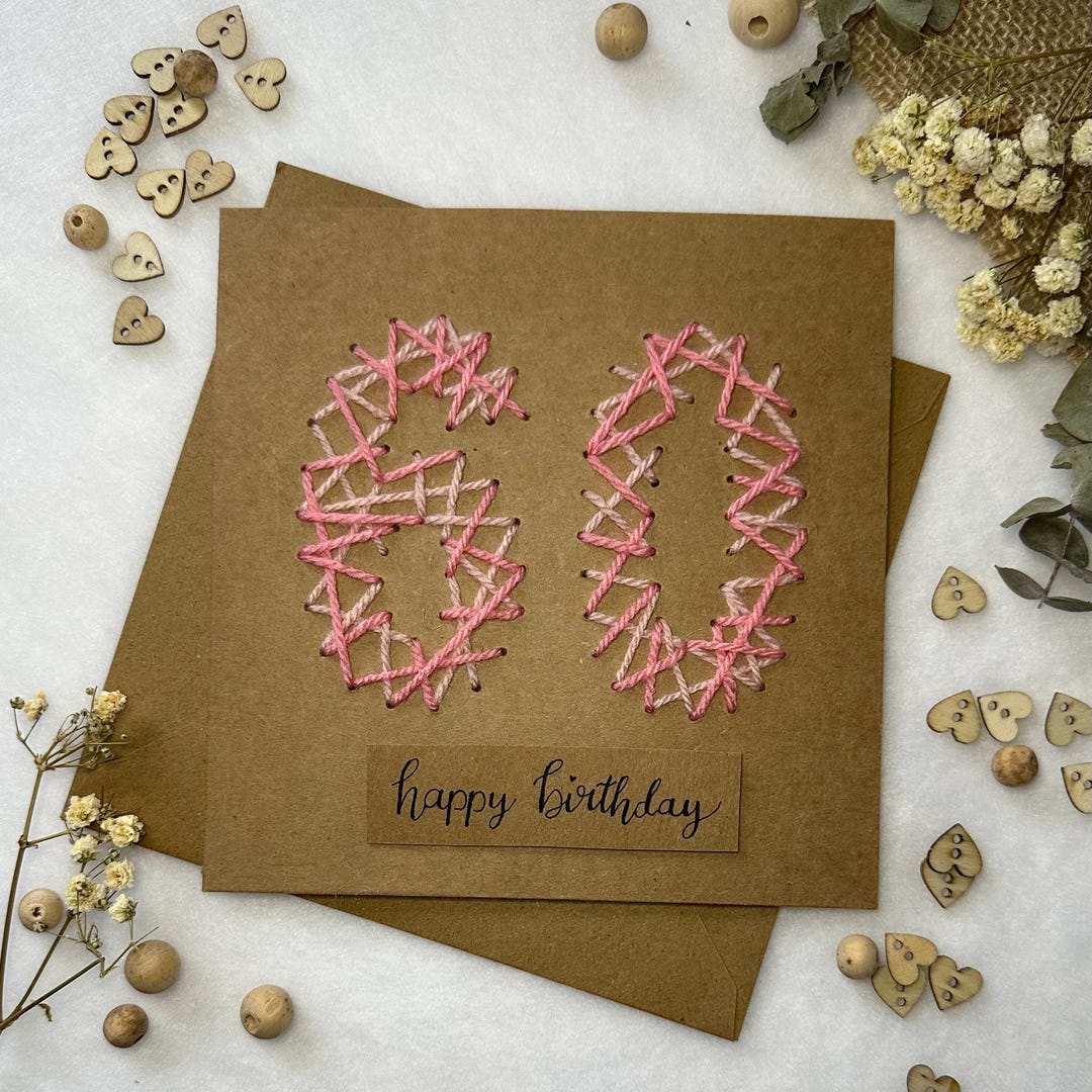 Yarn Embroidered Birthday Card: Personalized Age, Handmade Kraft Card ...