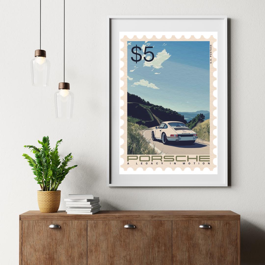 Vintage Porsche 911 Art Print, Classic Car Wall Decor, Retro Auto Stamp ...