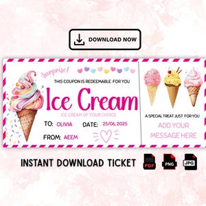 Editable Ice Cream Ticket Template, Ice Cream Gift Coupon, Printable ...