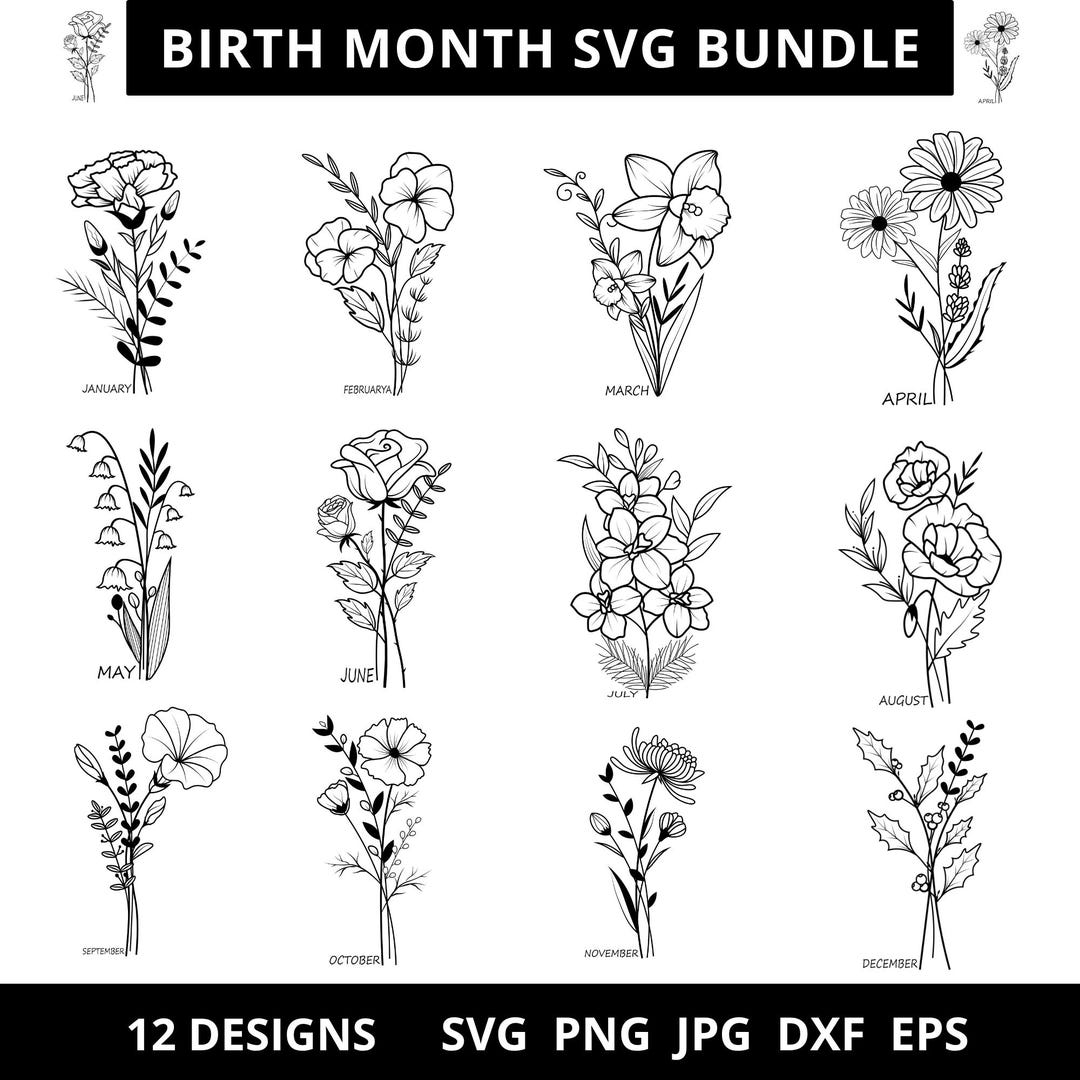 Birth Month Flowers Svg Bundle, Birth Month Svg Bundle, Birth Month ...