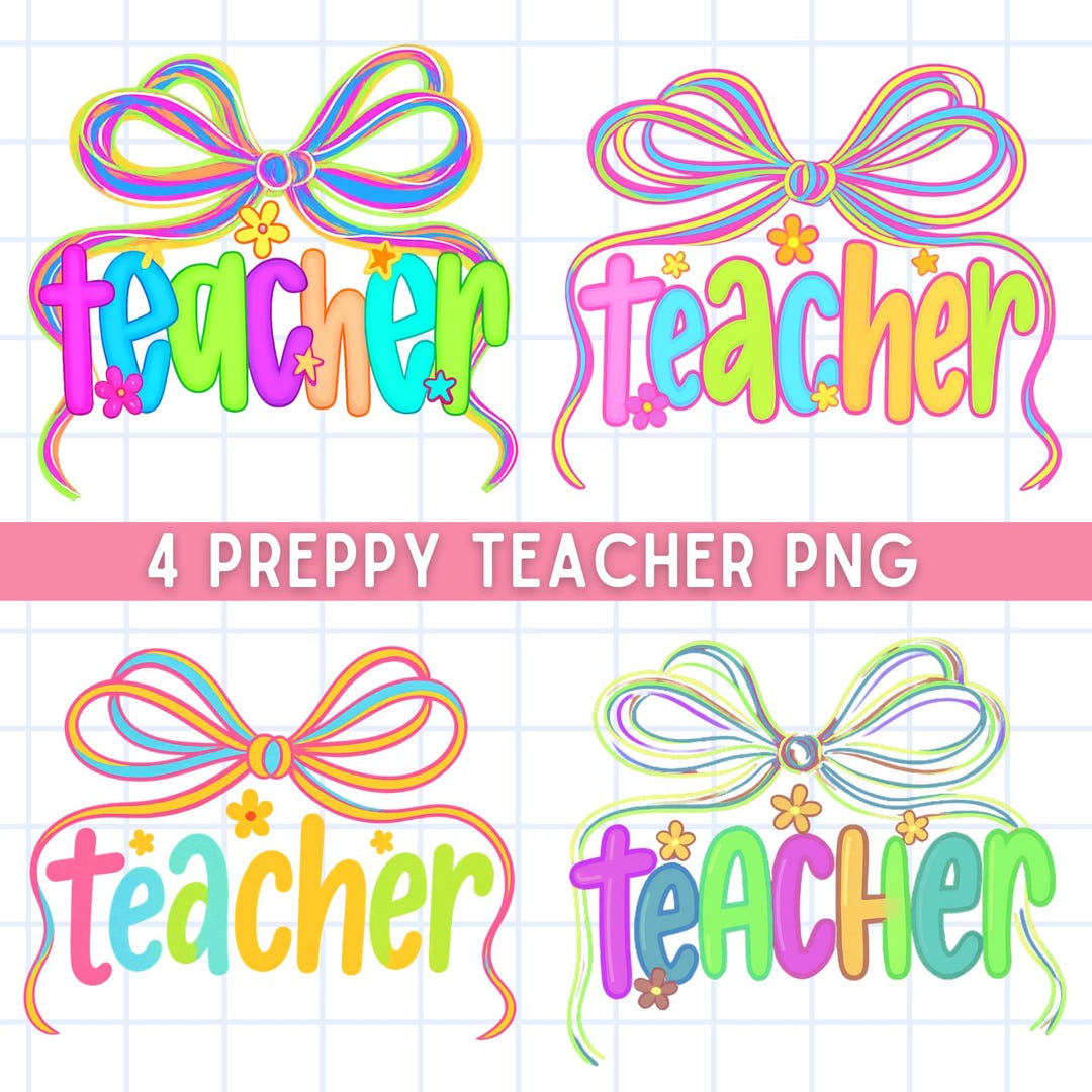 Teacher Png Bundle, Preppy Teacher Png, Neon Teacher Bow Png, Back to ...