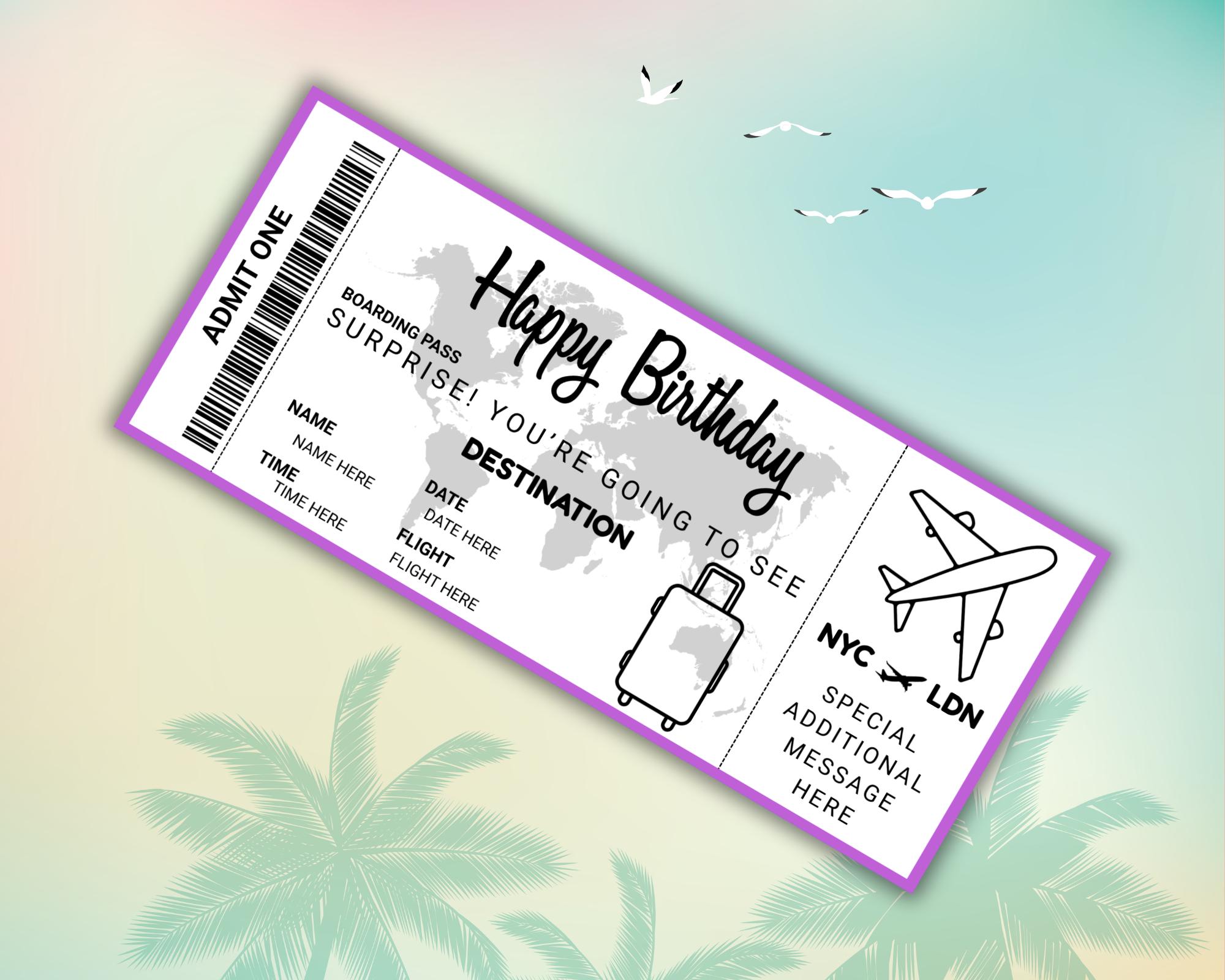 Editable Birthday Gift Trip Ticket, Surprise Ticket, Happy Birthday ...