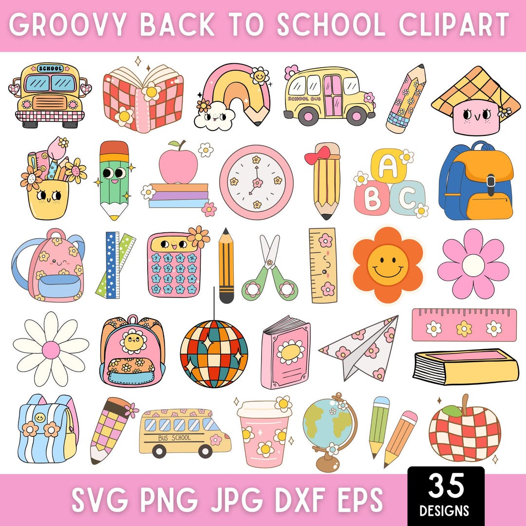 Groovy School Elements Clipart Bundle, Retro Back to School Png ...