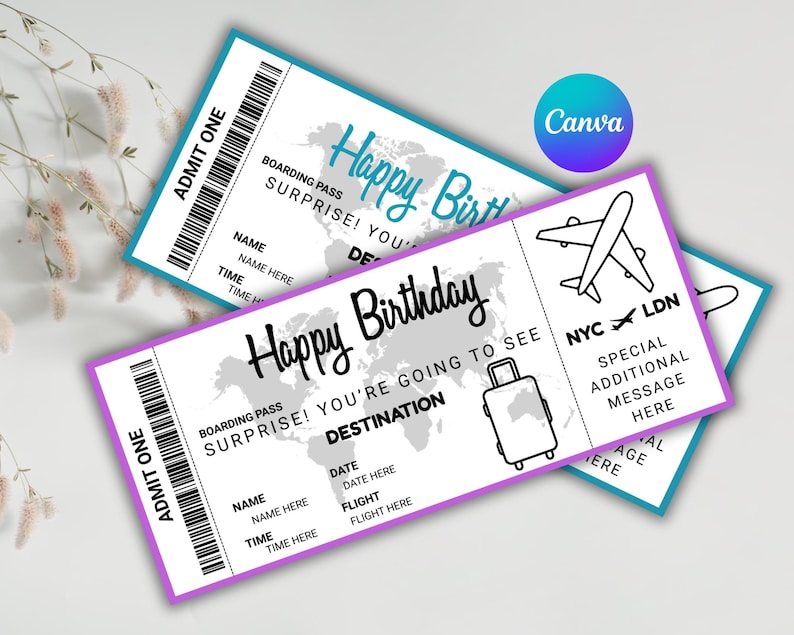 Editable Birthday Gift Trip Ticket, Surprise Ticket, Happy Birthday ...