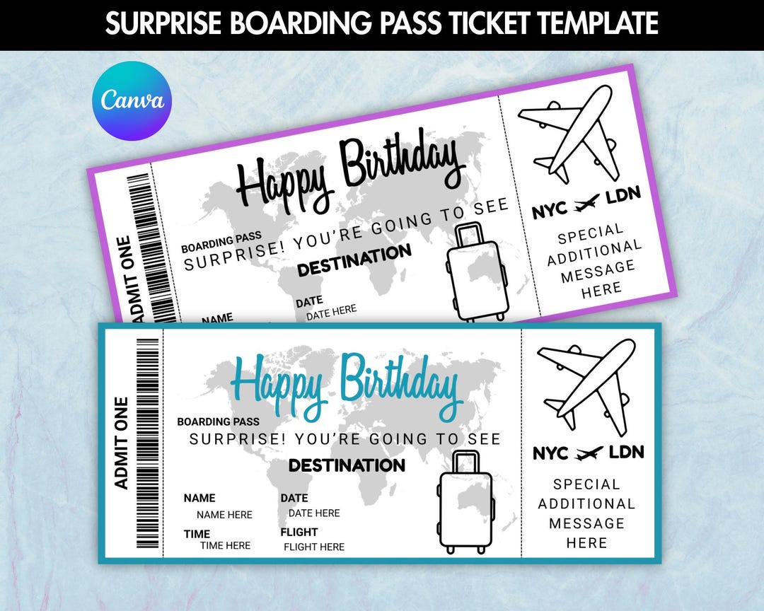 Editable Birthday Gift Trip Ticket, Surprise Ticket, Happy Birthday ...