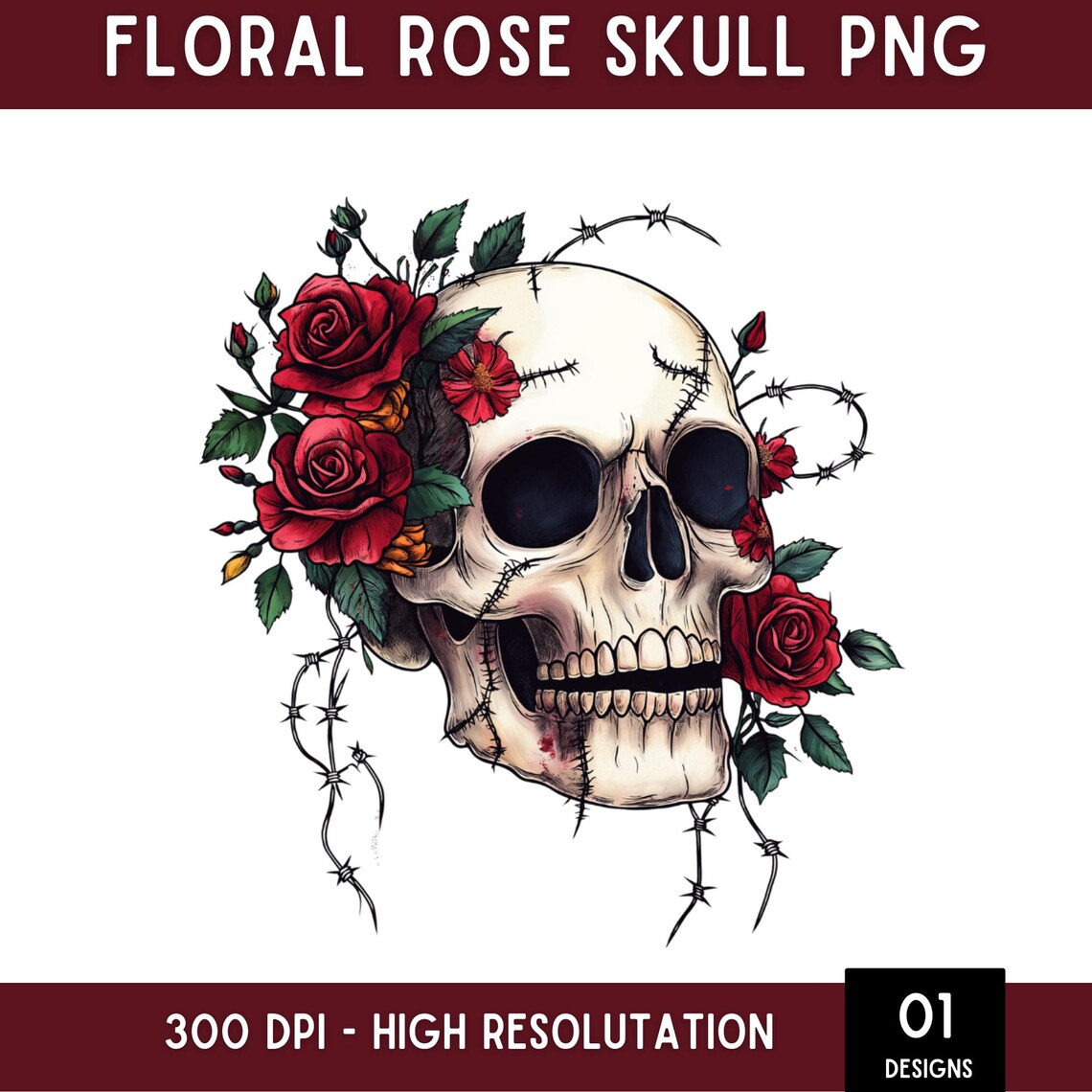 Floral Skull Png, Skull Png Clipart, Red Roses Skull Design, Skull ...