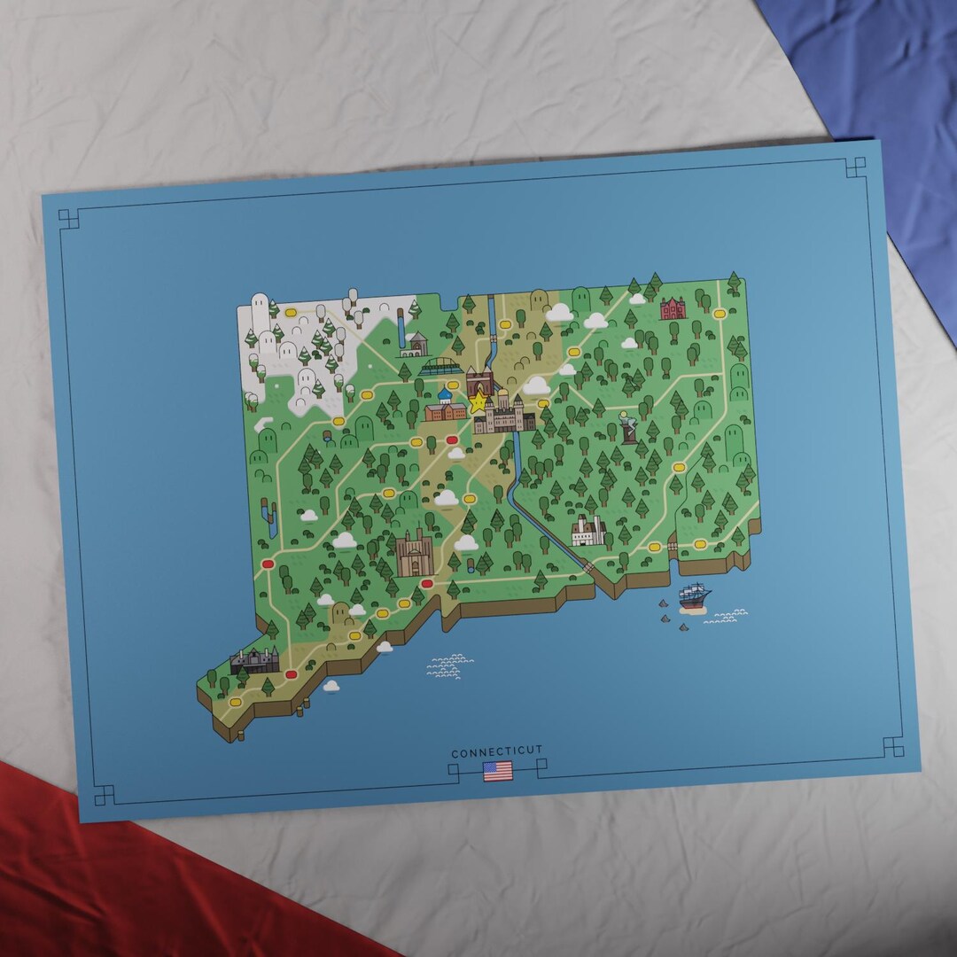 USA: Connecticut Map | Retro Adventure Style | Uniquely Designed Map ...