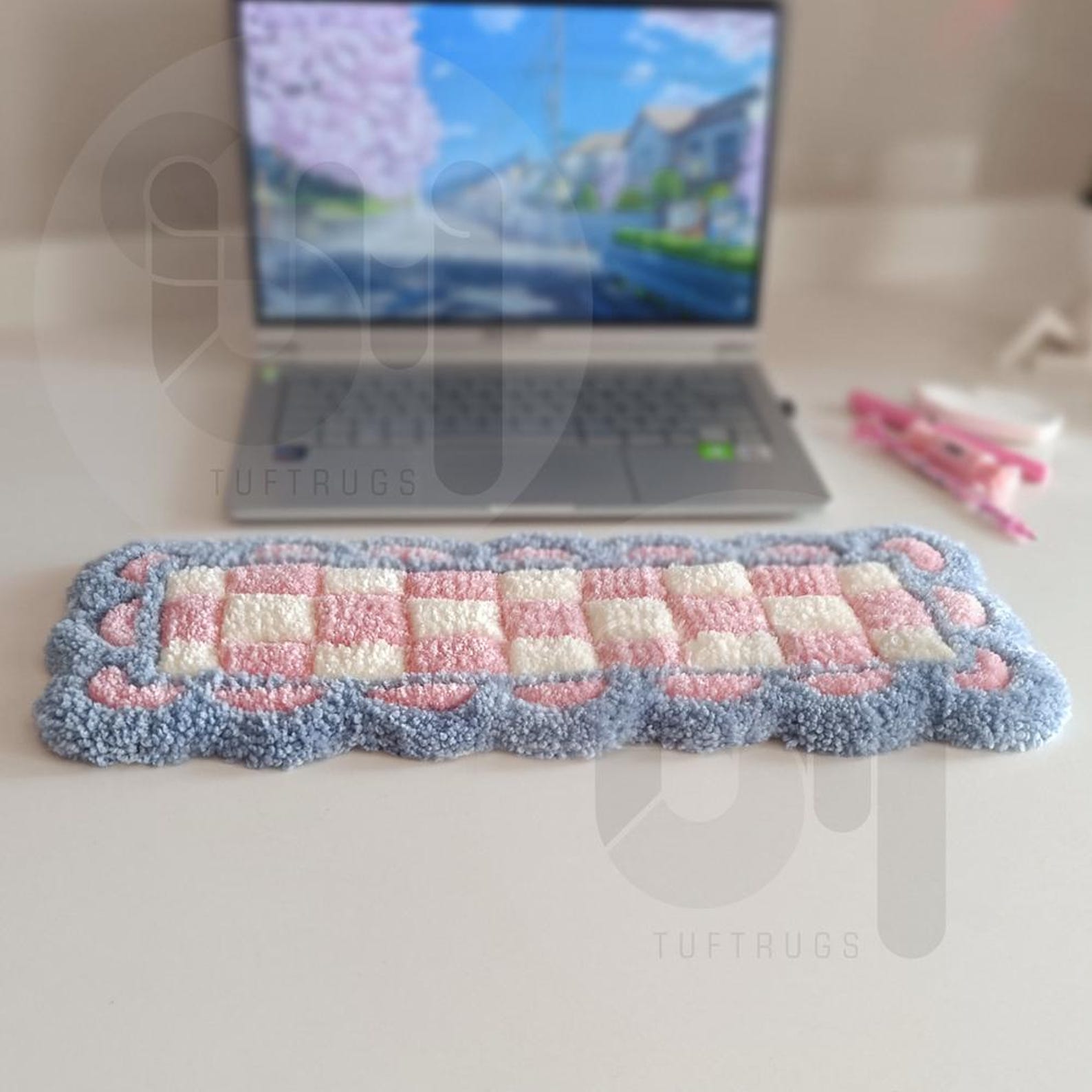 Kawaii Pastel Keyboard Rug, Handmade Tufted Checkerboard Desk Mat, Soft ...