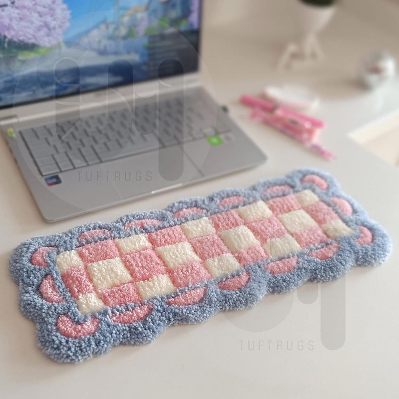 Kawaii Pastel Keyboard Rug, Handmade Tufted Checkerboard Desk Mat, Soft ...