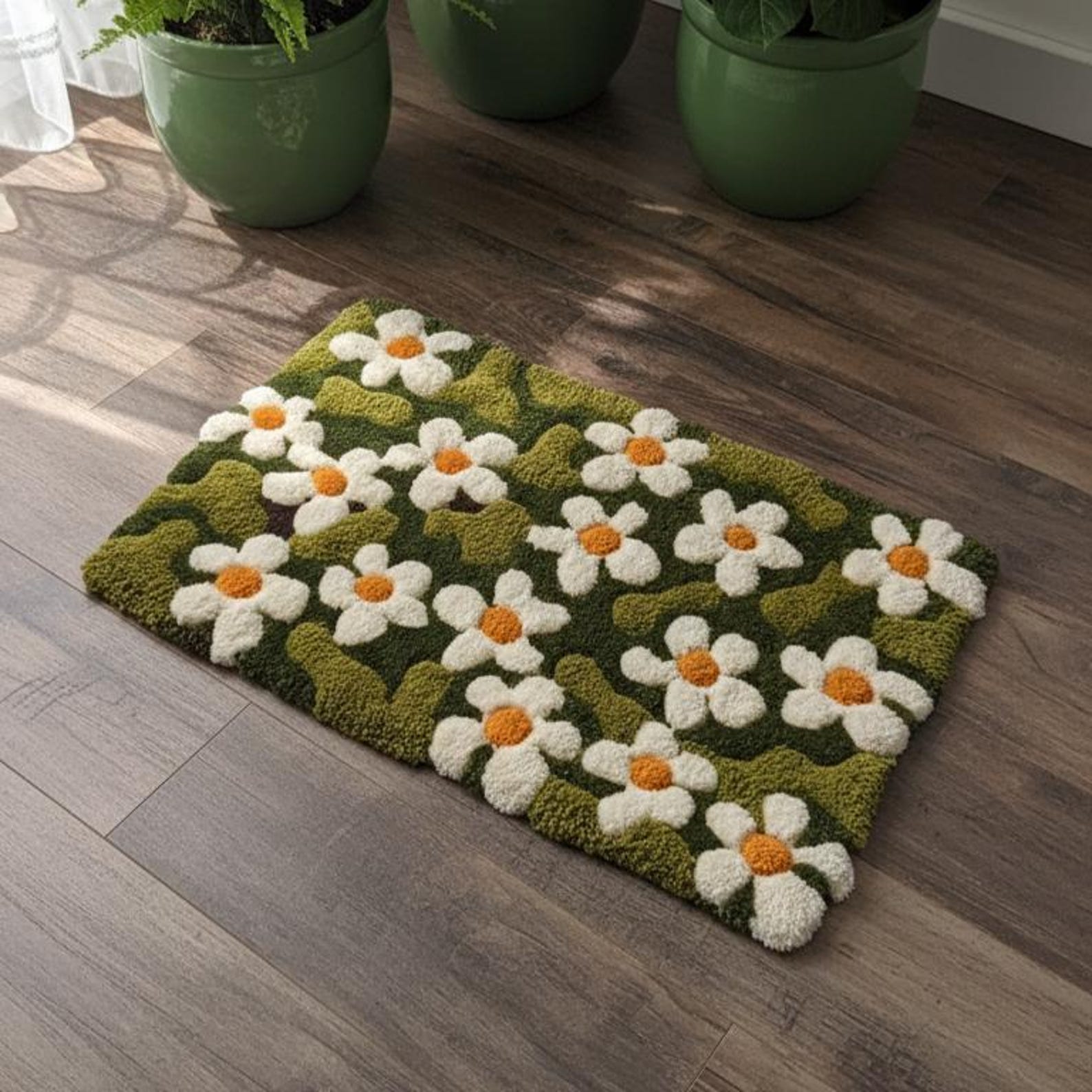 Handmade Daisy Puffy Tufted Rug – Green Moss Fluffy Rug, 3D Home Decor ...