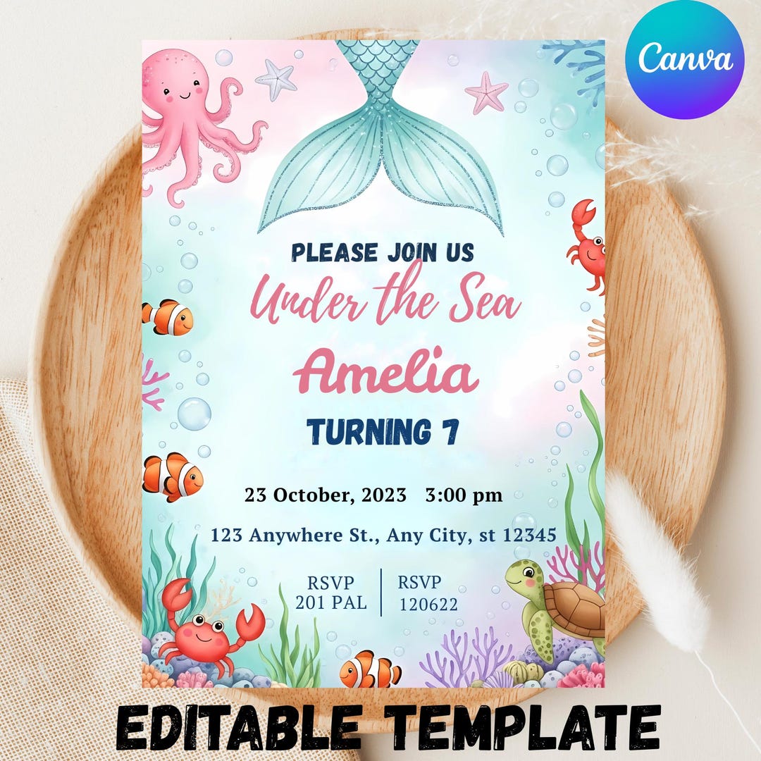 Editable Sparkle Mermaid Party Invitation Pool Girl Birthday Invite ...
