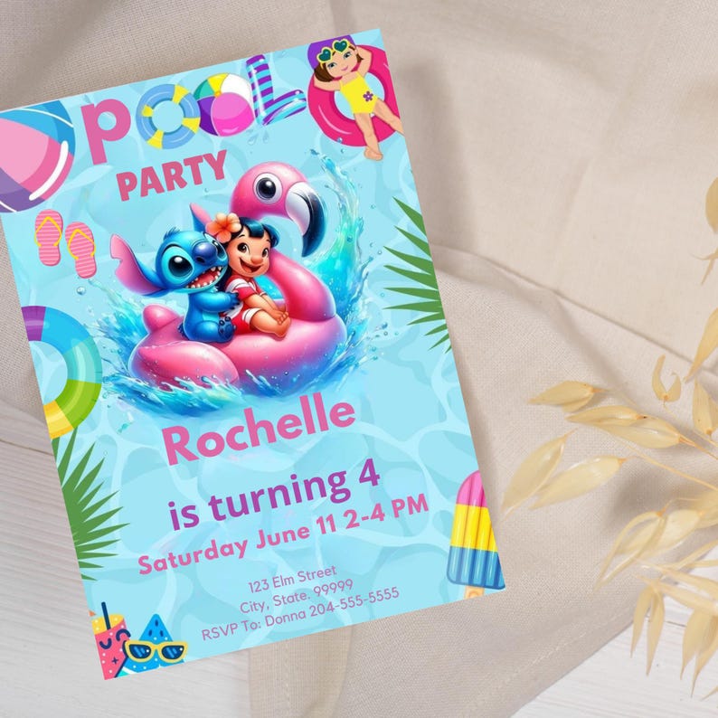 Stitch Pool Party Birthday Invitation for Girl Editable Stitch ...