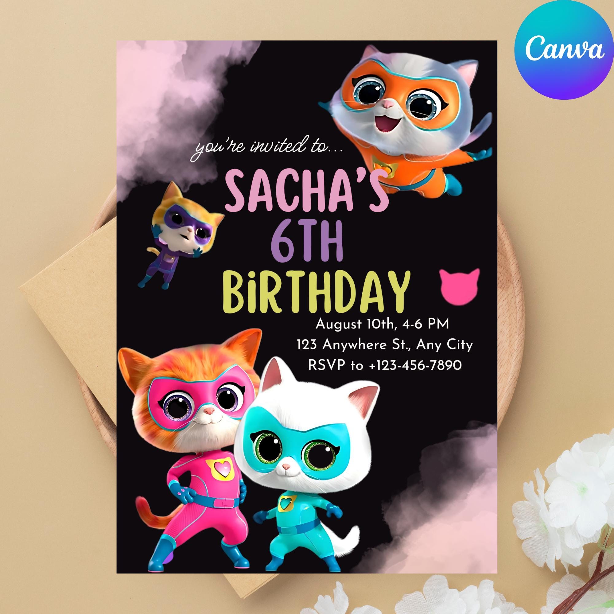 Girl Super Kitties Birthday Invitation Template Super Kitties ...