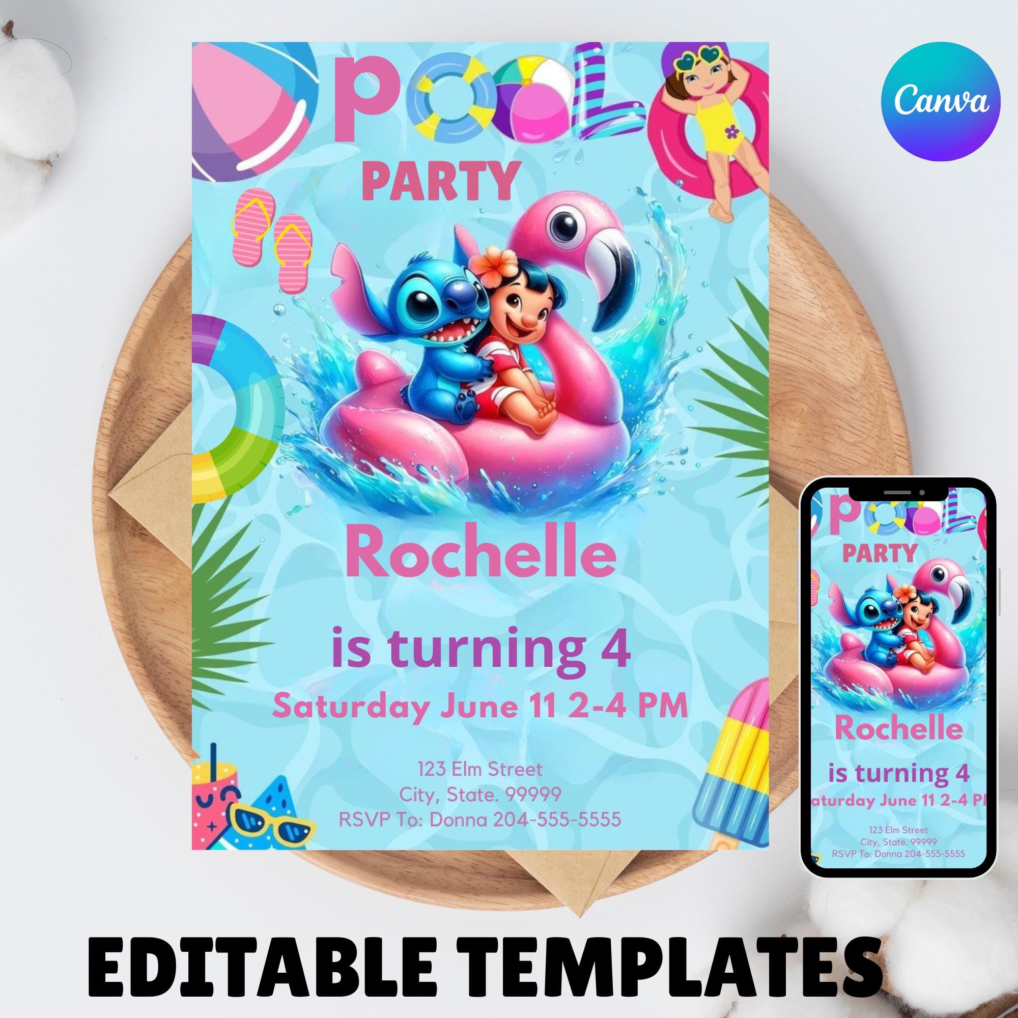 Stitch Pool Party Birthday Invitation for Girl Editable Stitch ...