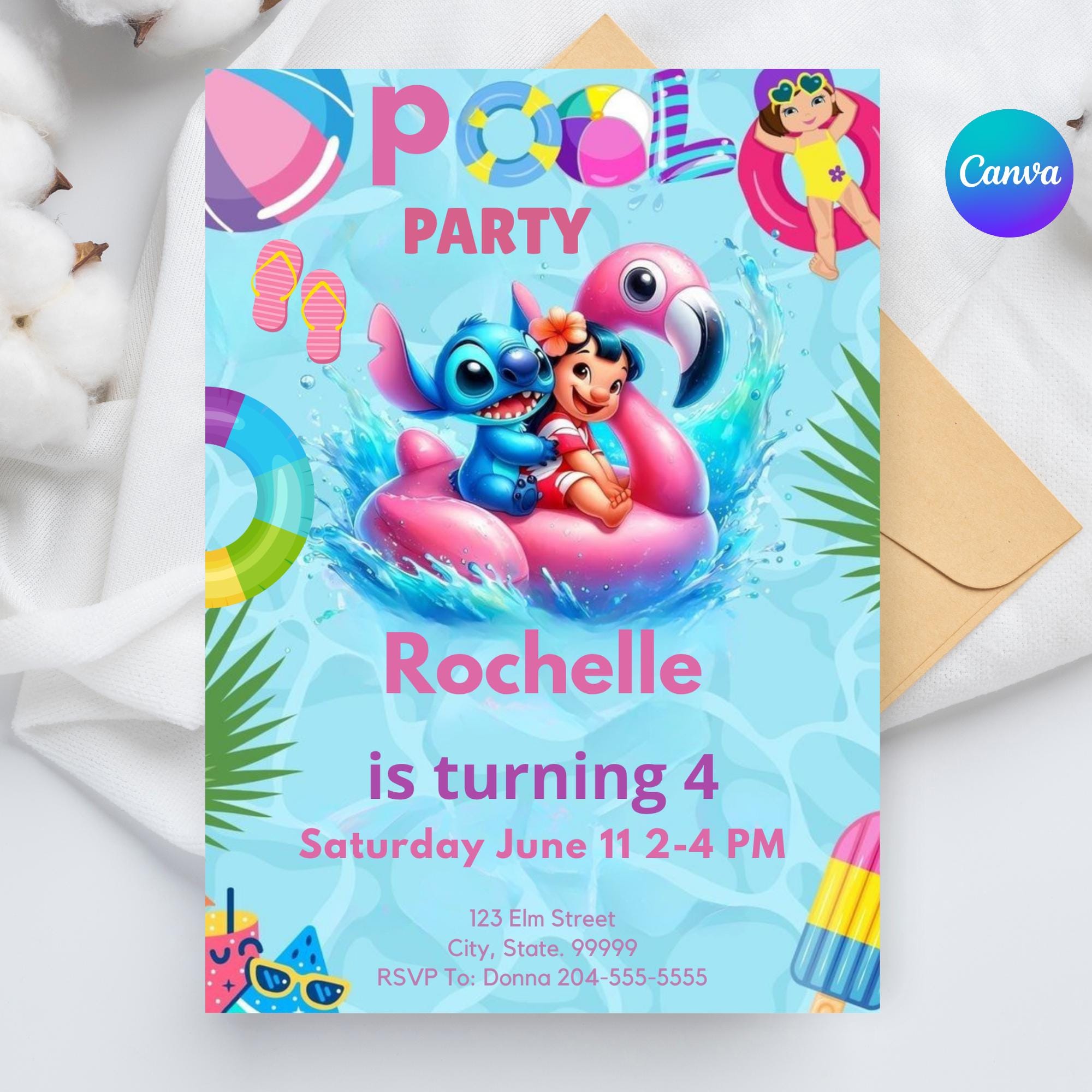 Stitch Pool Party Birthday Invitation for Girl Editable Stitch ...