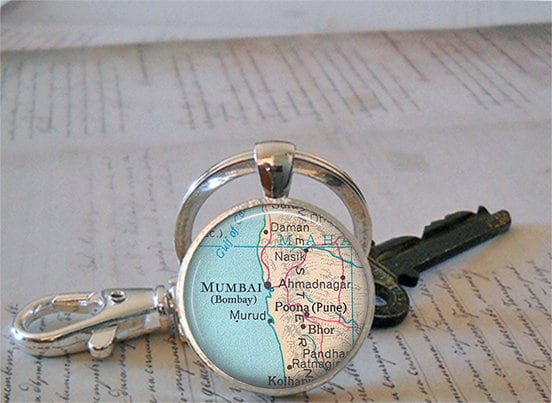 Mumbai India Map Necklace or Key Chain, Bombay Map Jewelry Globetrotter ...
