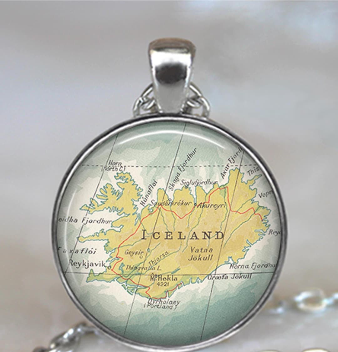 Iceland Map Necklace, Key Chain or Brooch Pin, Vintage Map Jewelry ...