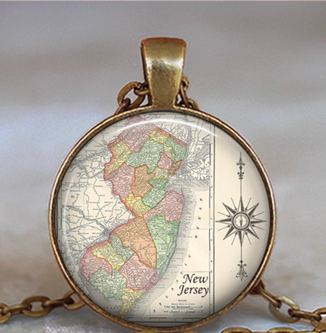 New Jersey Map Necklace, Key Chain or Brooch, Antique Map Jewelry ...