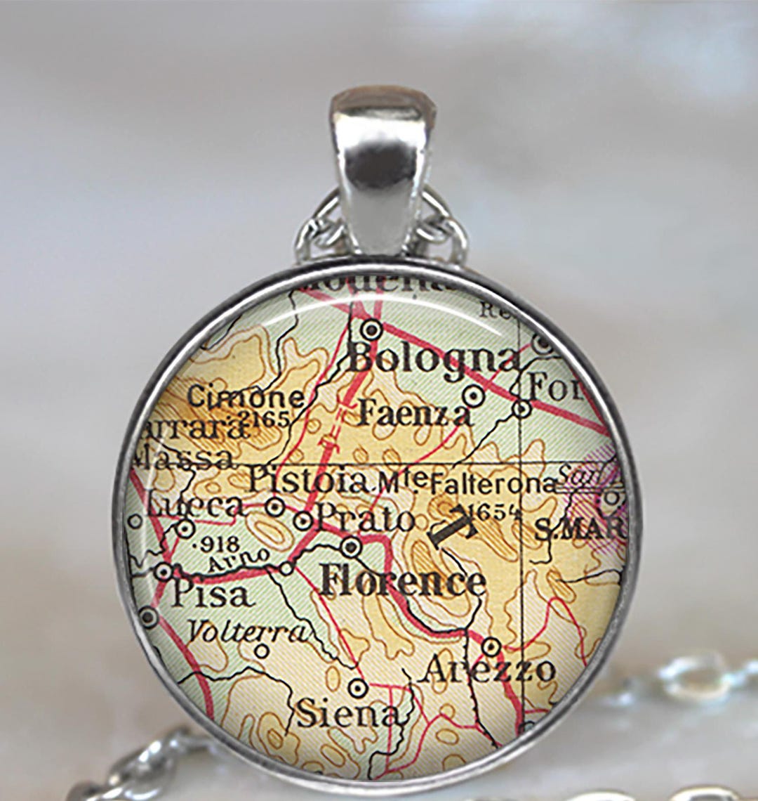 Florence, Italy Map Necklace, Brooch or Key Chain, Bologna Pisa Italy ...