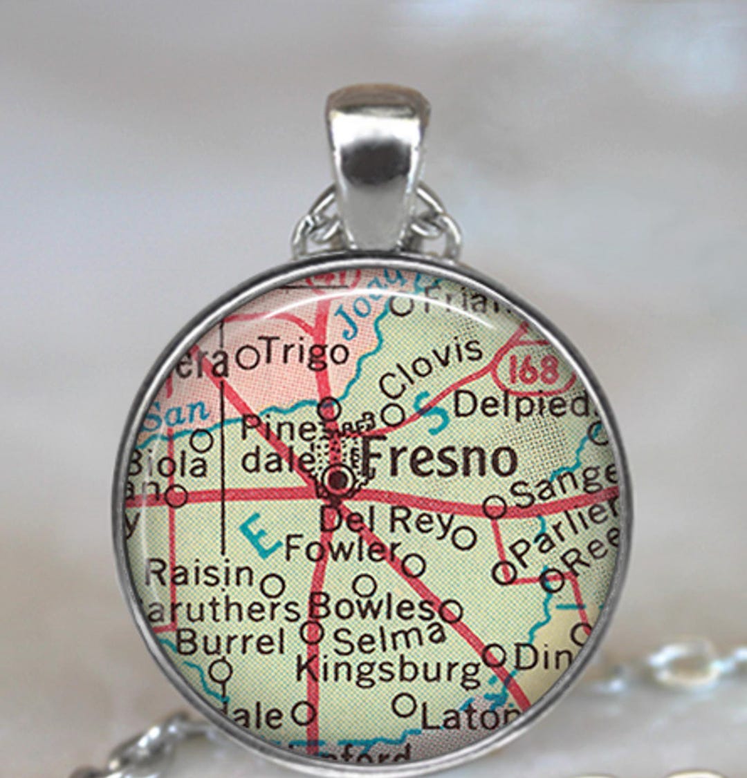 Fresno, California Map Necklace, Fresno CA Key Chain or Brooch, Vintage ...