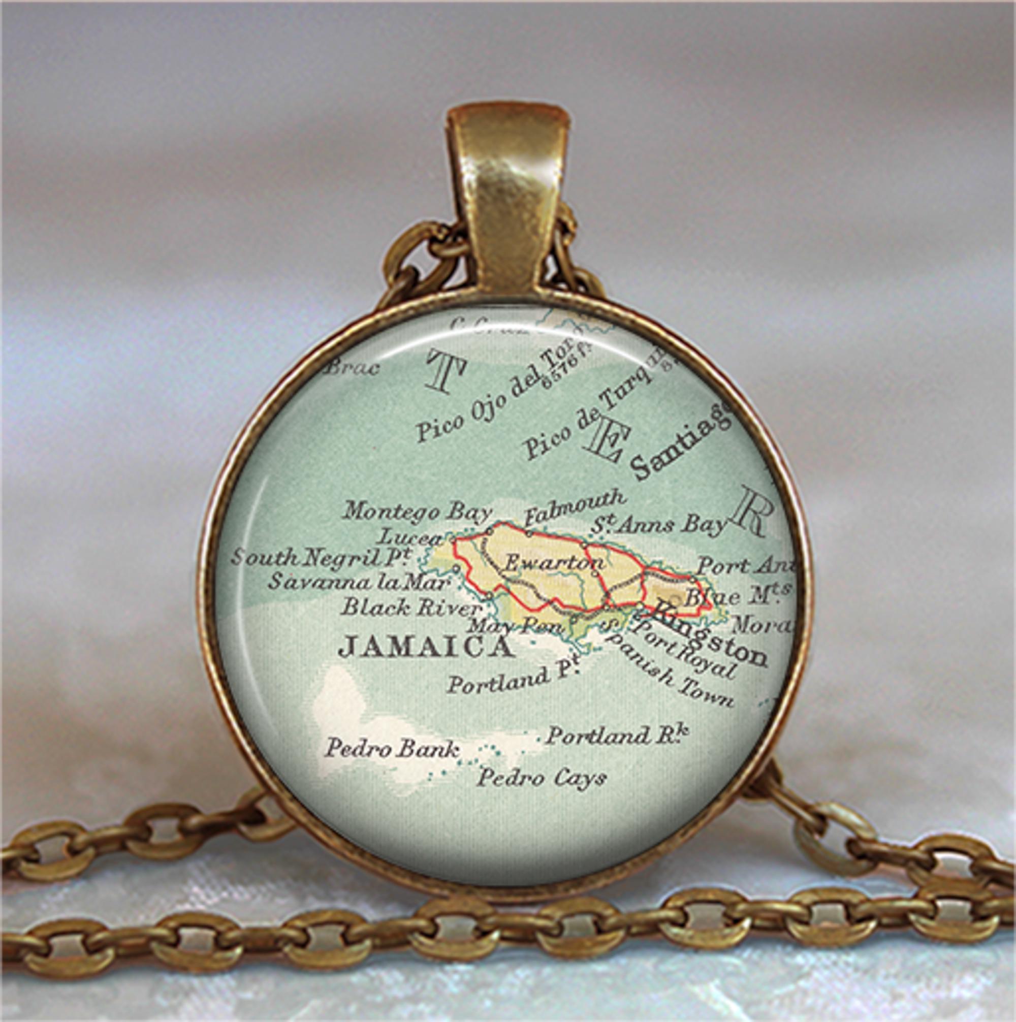 Jamaica Necklace, Key Chain or Brooch, Montego Bay Kingston Jamaica Map ...