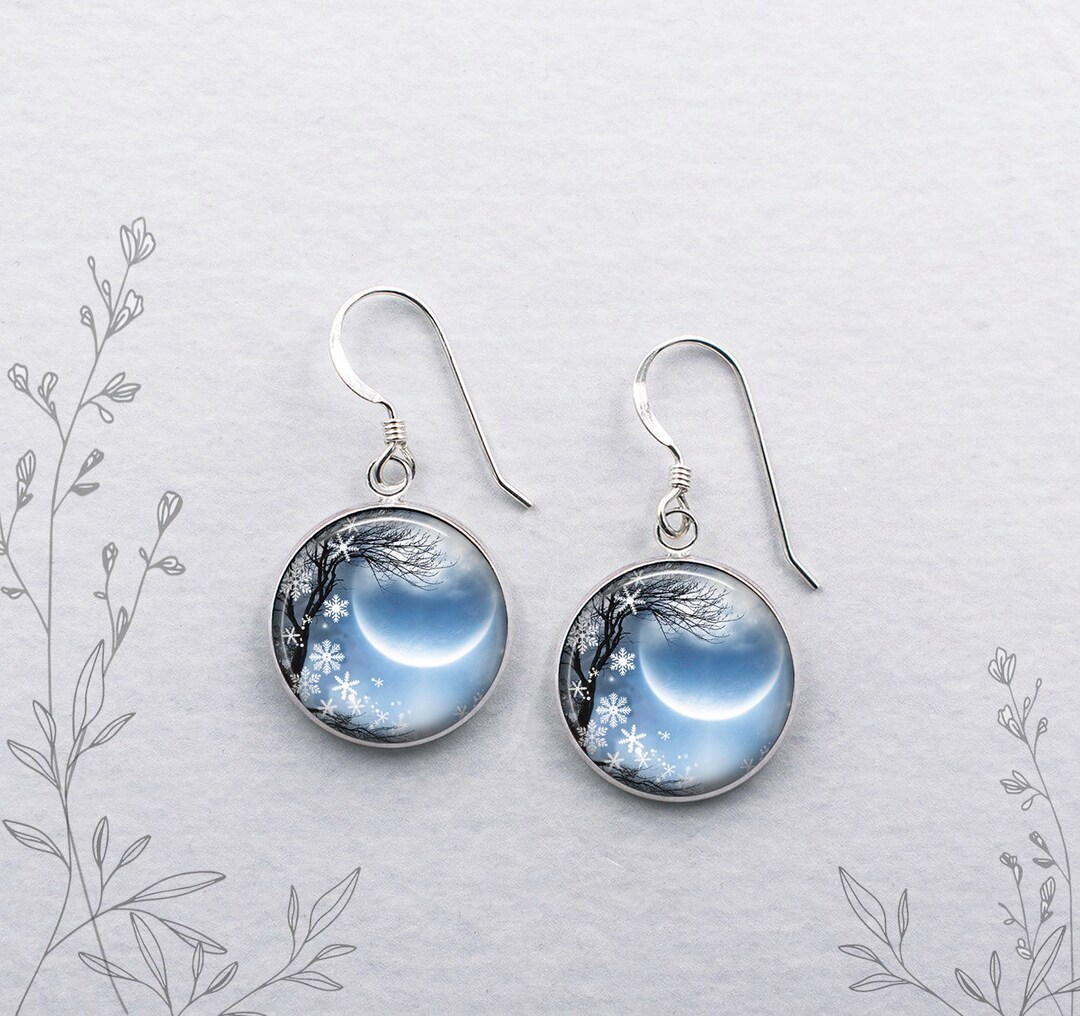 Winter Solstice Earrings, Crescent Moon Earrings Snowflake and Moon ...