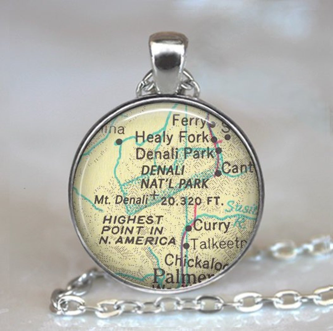 Denali National Park Map Necklace, Map Jewelry Mt Denali Map Alaska Map ...