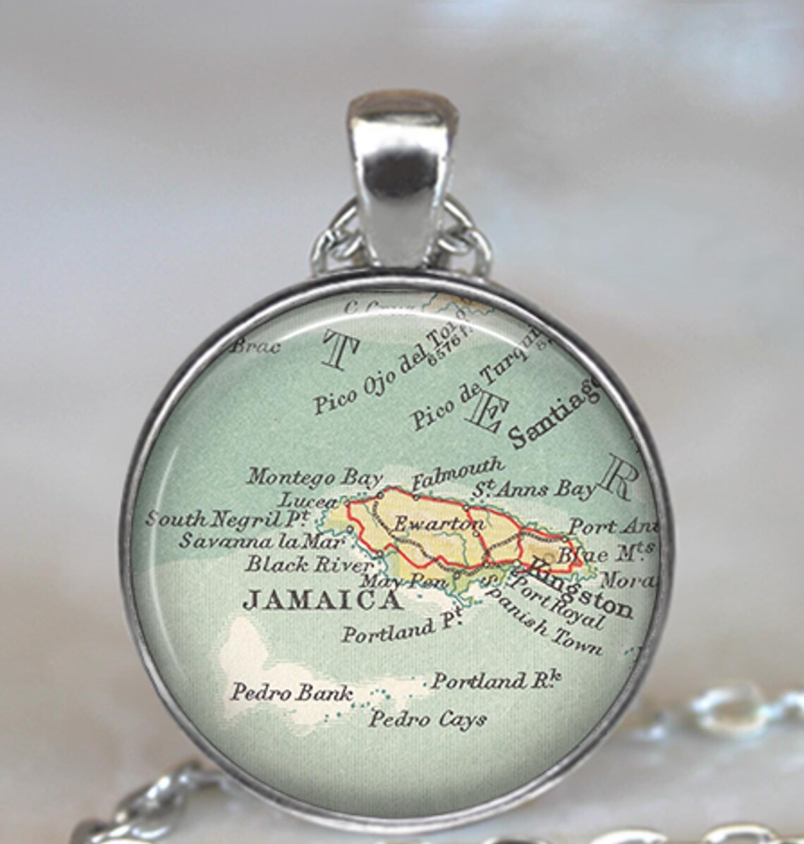 Jamaica Necklace, Key Chain or Brooch, Montego Bay Kingston Jamaica Map ...