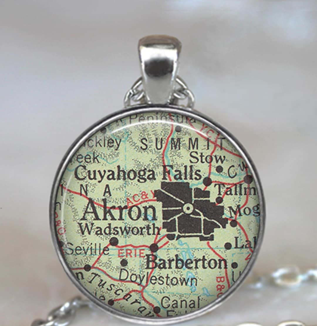 Akron, Ohio Map Necklace, Key Chain or Brooch Pin, Barberton Cuyahoga ...