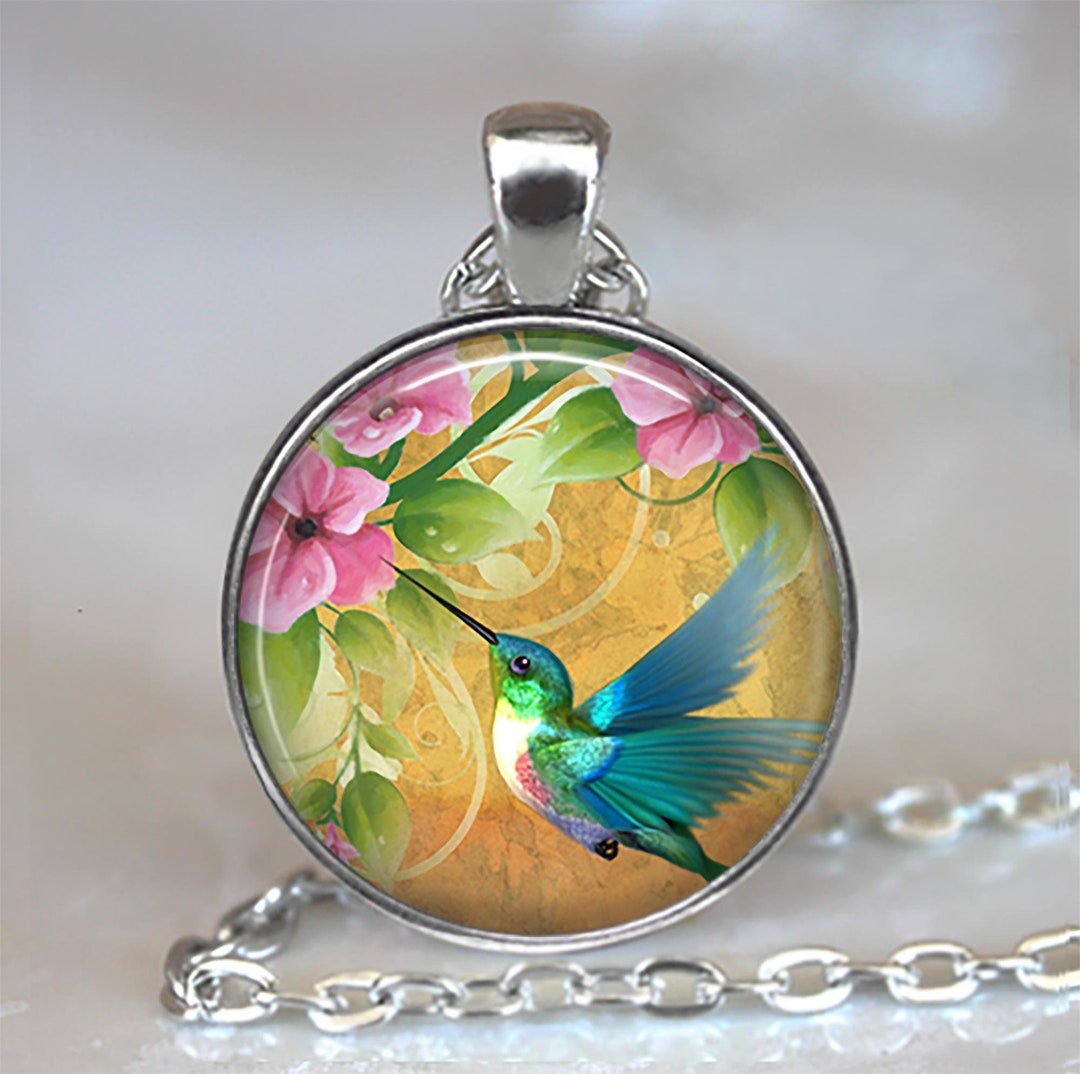 Hummingbird Garden Necklace, Brooch Pin or Key Chain, Summer Garden ...